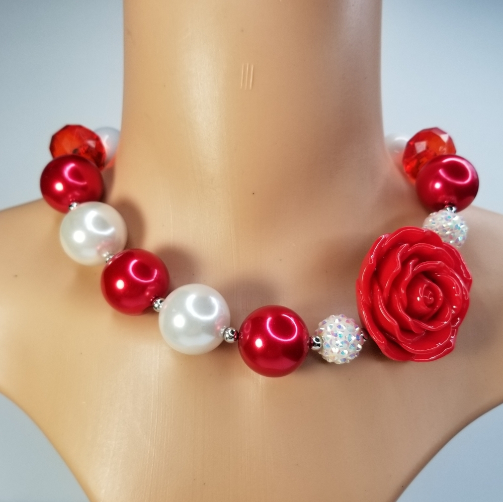 Chunky Statement Fashion Red White Flower Plastic - Gem